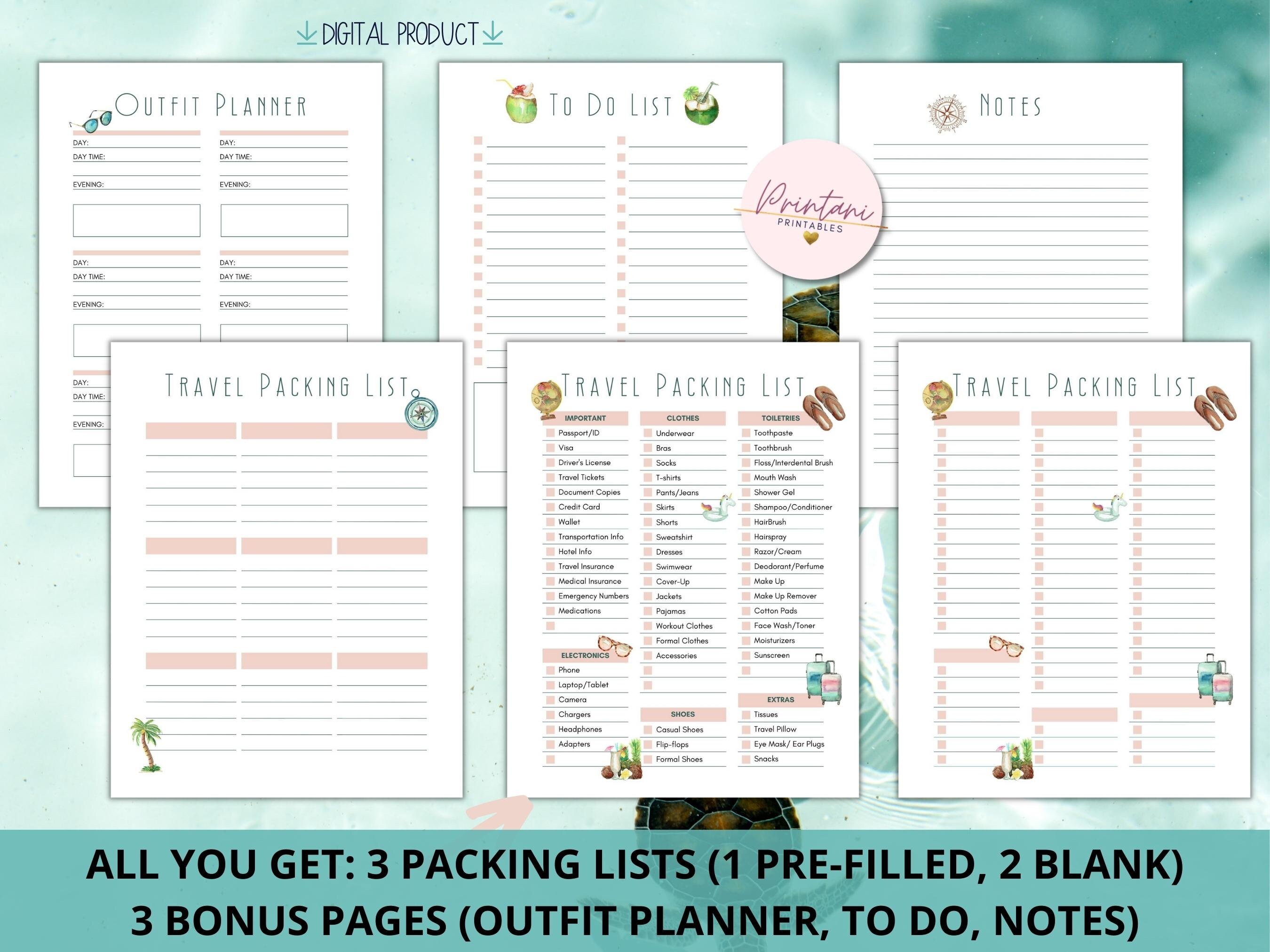 Printable Travel Check List, Travel Packing List, Digital Travel ...