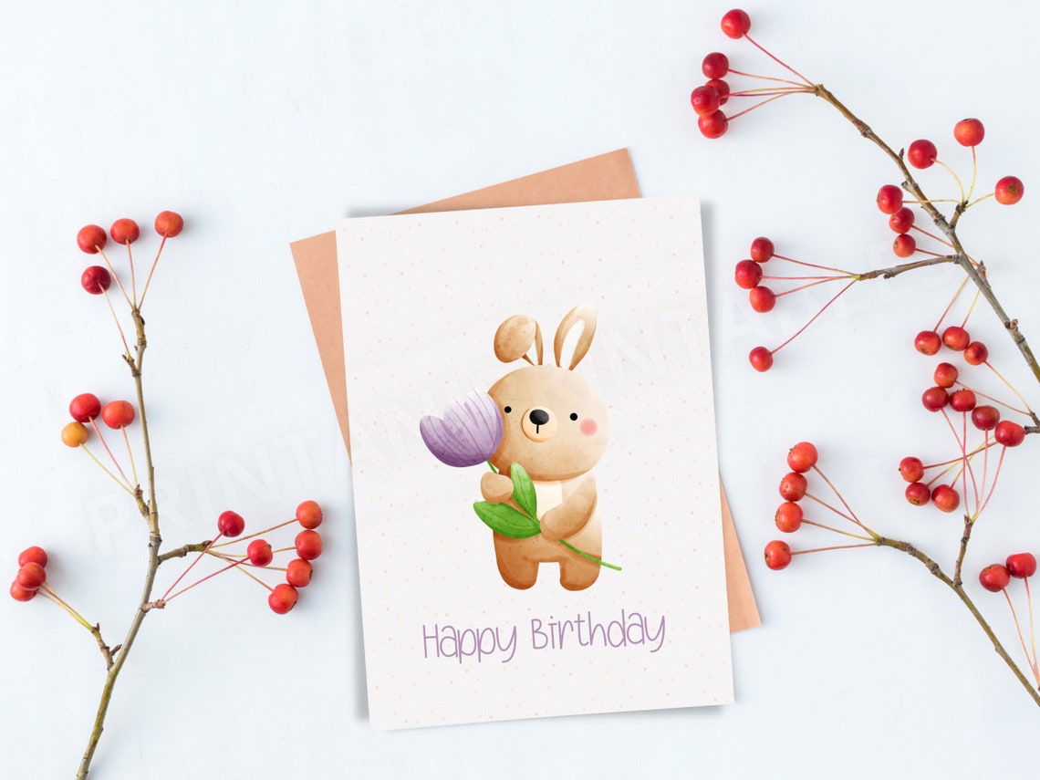 PRINTABLE Bunny Birthday Card, Digital Animal Birthday Card, Cute ...