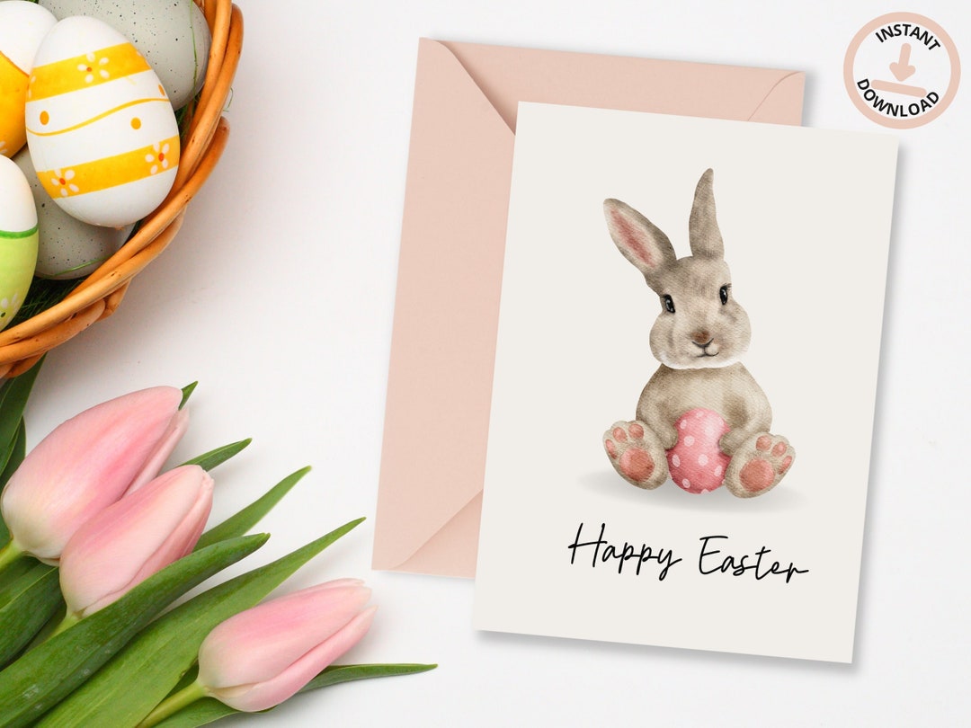 Printable Easter Bunny Greeting Card, Happy Easter Printable Card, Cute ...