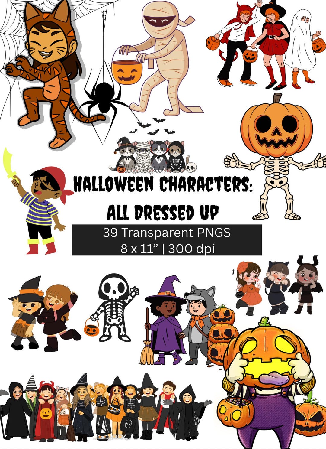 Halloween Characters PNG Bundle | Kids in Costumes Clipart | Spooky ...