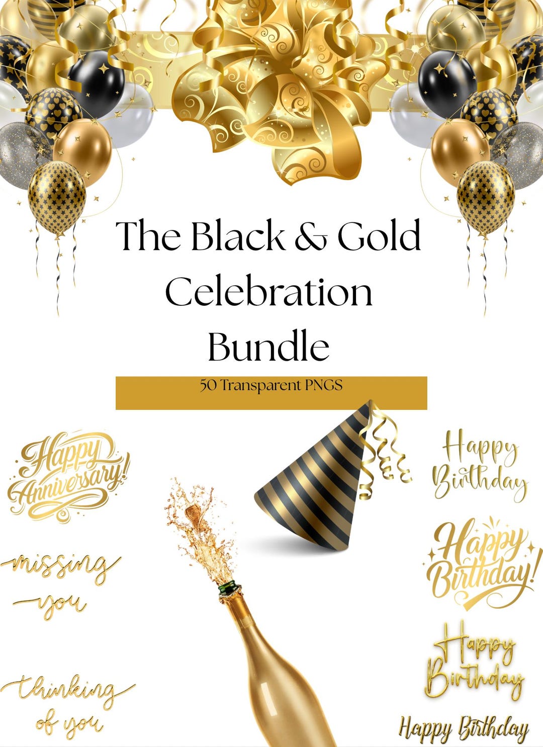 Black & Gold Celebration Clipart: Birthday, Anniversary PNG Bundle ...