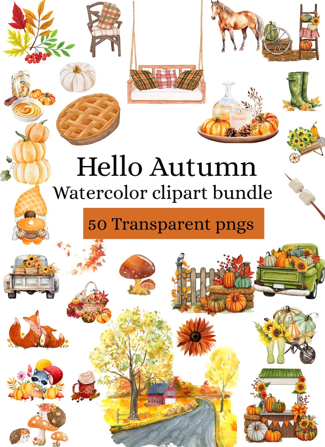 Watercolor Fall Clipart Bundle: 50 Autumn Pngs for Scrapbooking ...