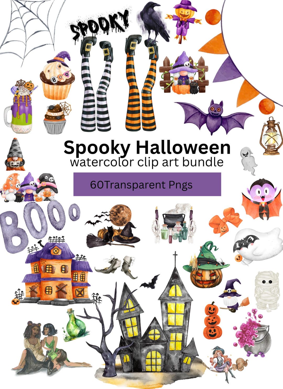 Watercolor Halloween Clipart Bundle: Spooky Ghosts, Pumpkins (digital ...