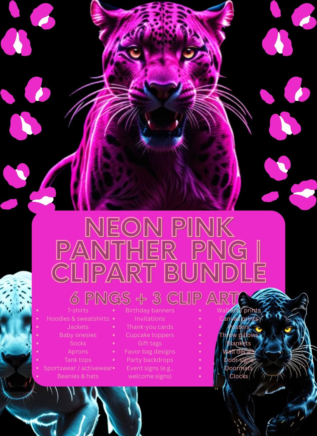 Neon Pink Panther Clipart Bundle: Cyber Jungle Pngs (digital Download ...