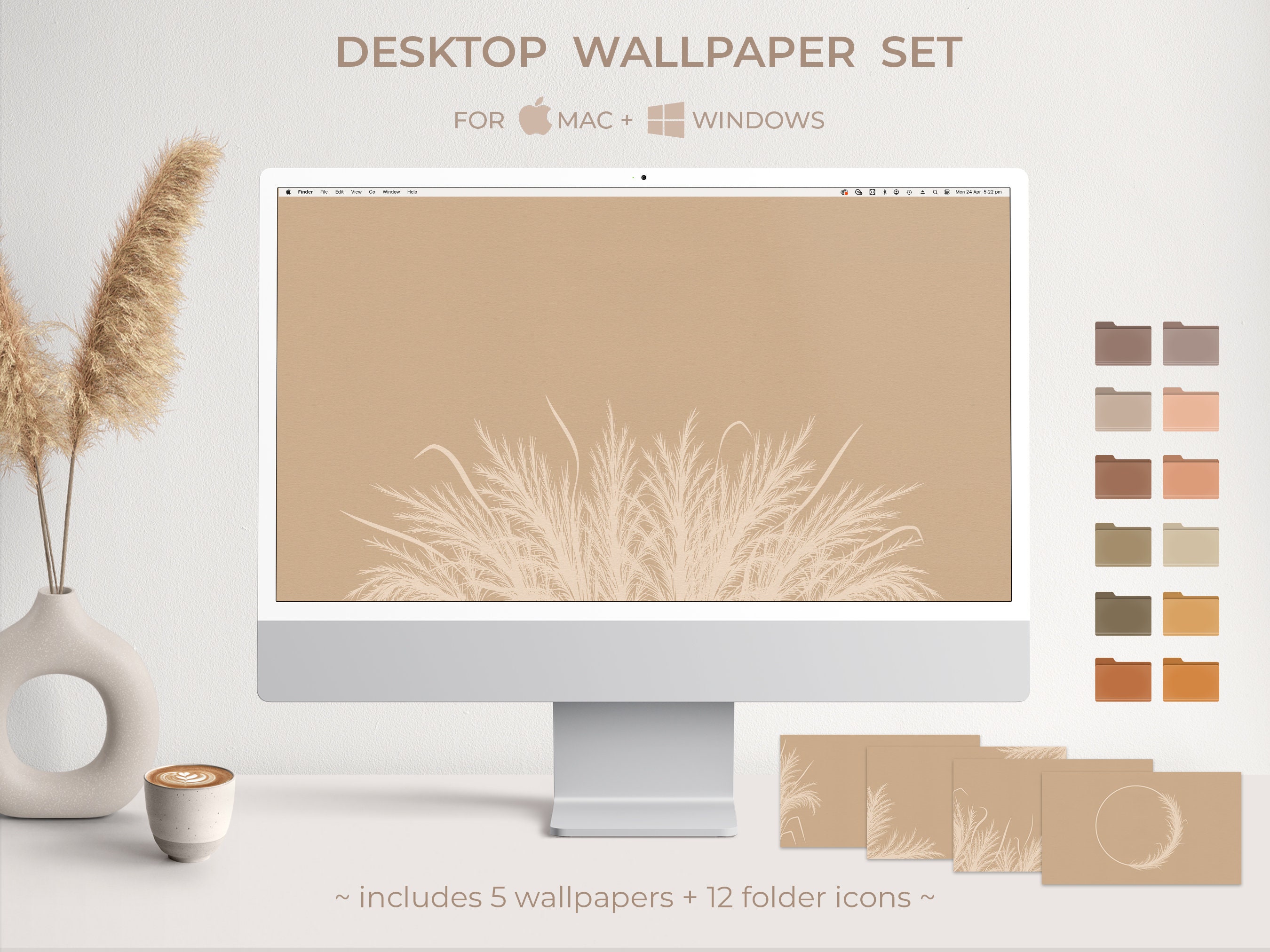 BOHO PAMPAS Desktop Wallpaper Organizer With Folder Icons - Etsy UK