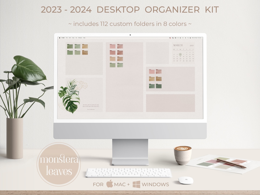 MONSTERA LEAVES Desktop Organizer Wallpaper 2023 - 2024 With Folder ...