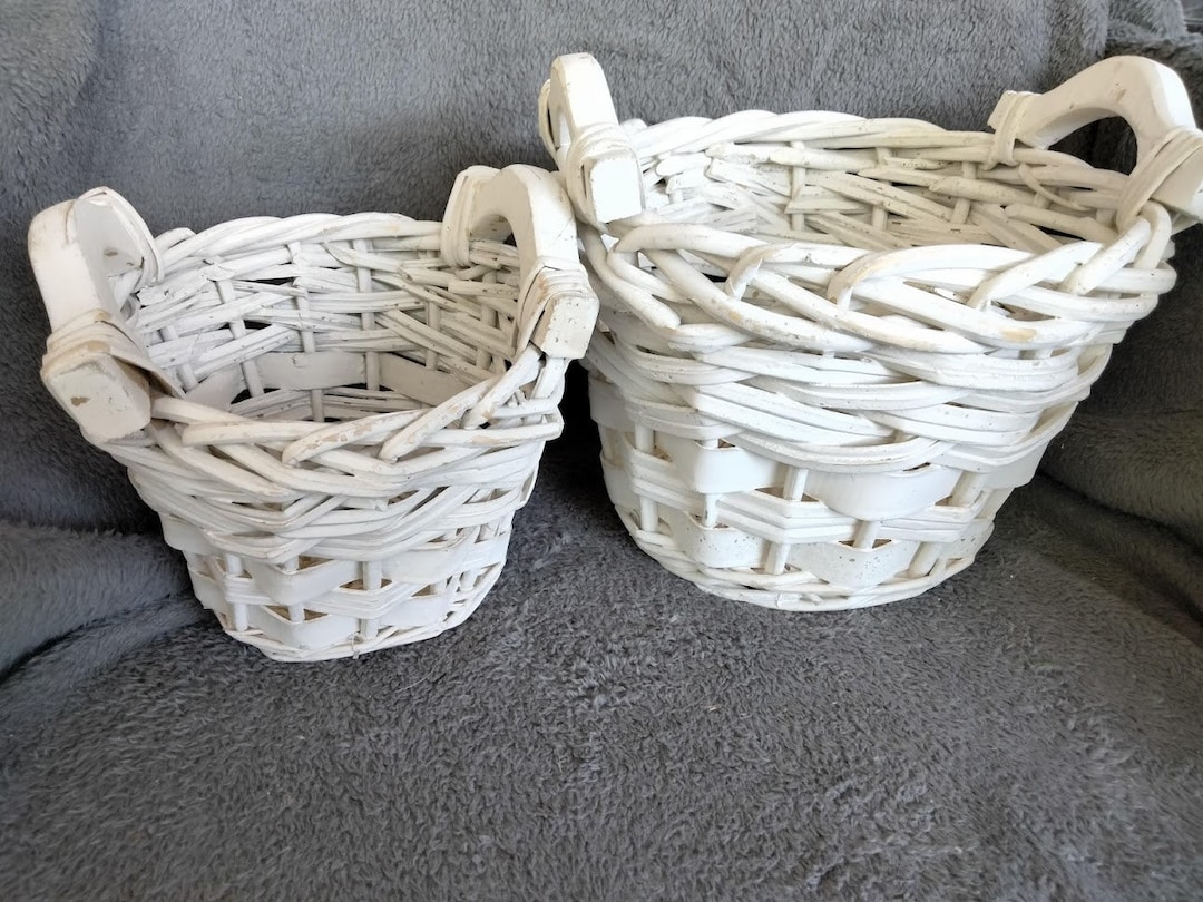 White Wicker Basket With Handles Set of Two - Etsy