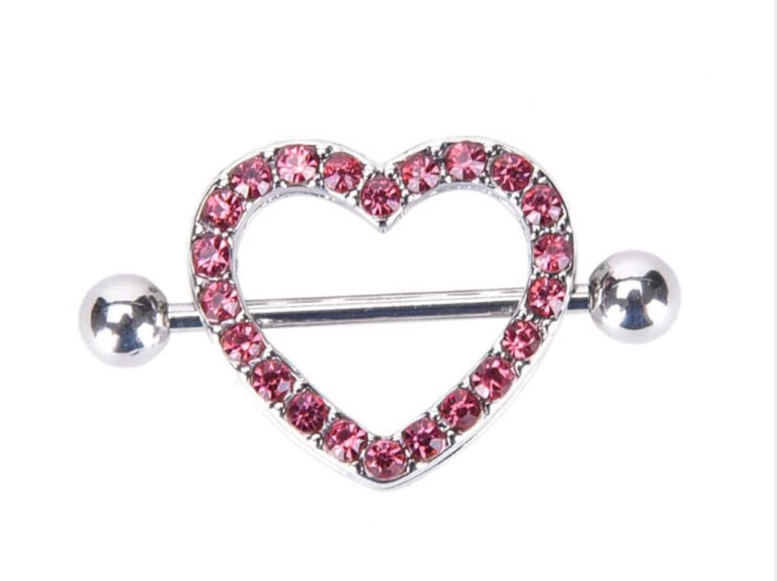 Par de corazón rosa doble capa rhinestone sexy piercing pezón | Etsy
