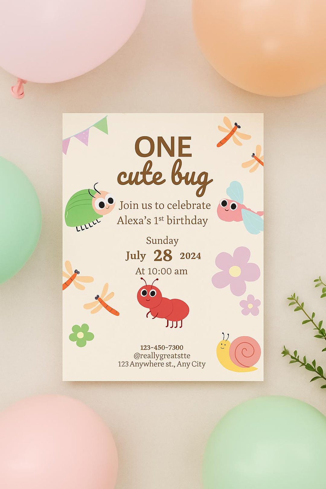 Bug 1st Birthday Invitation, Garden Theme, Editable Canva Template - Etsy