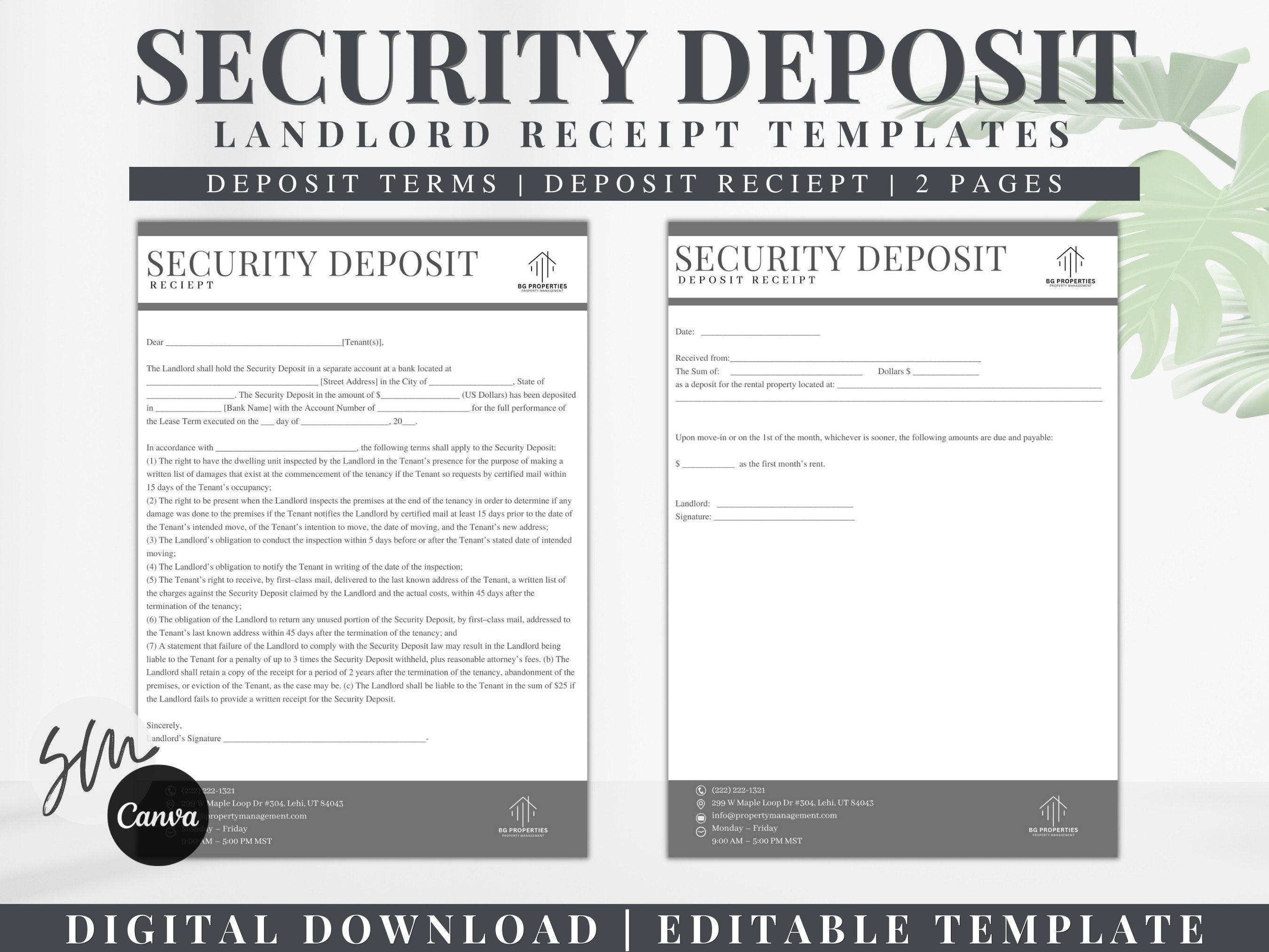 EDITABLE Security Deposit, Rent Receipt Template, Rental Agreement ...