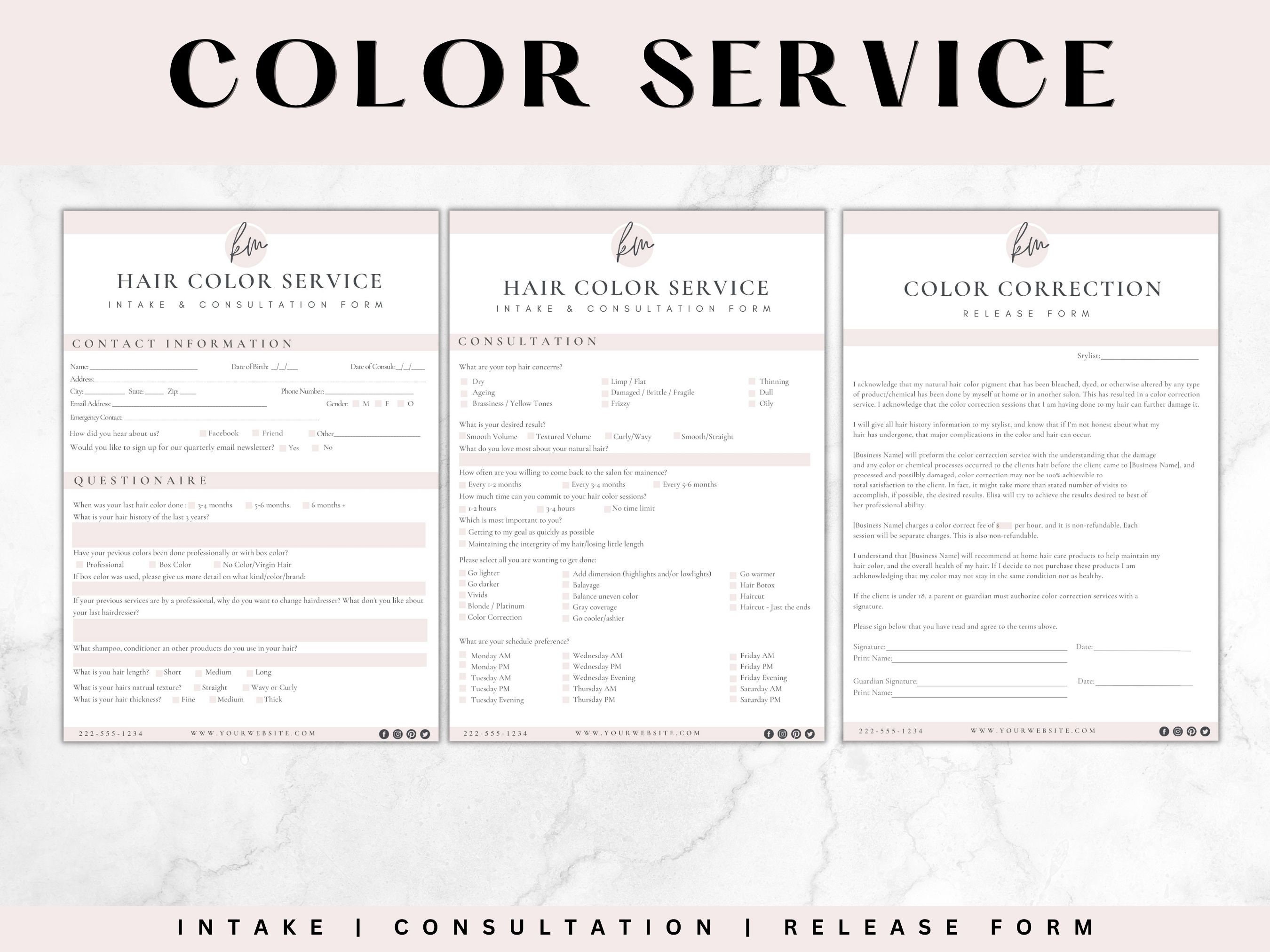 Professional Hair Stylist Client Forms BUNDLE, Color Correction Forms ...