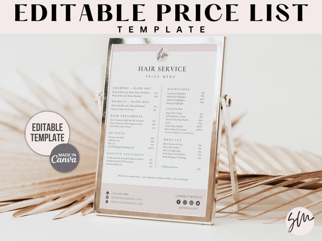 EDITABLE Price List Template, Hair Price List, Salon Price List ...