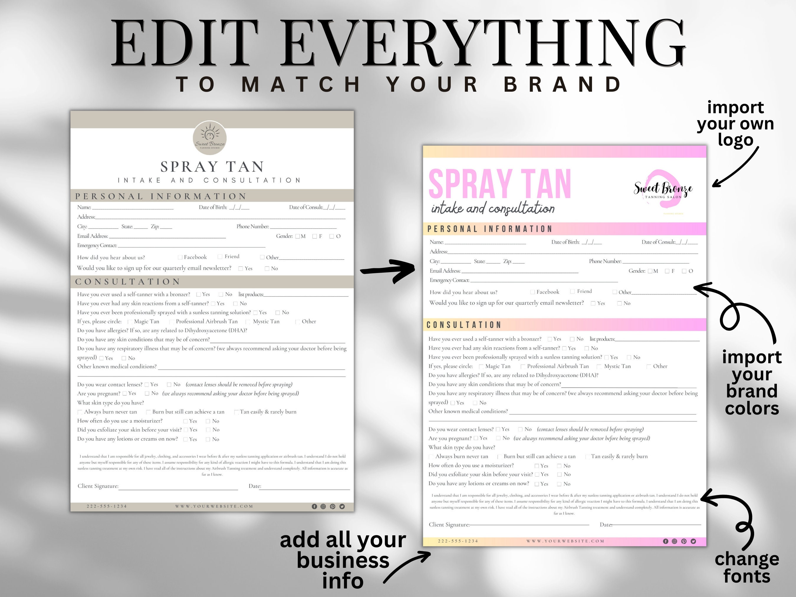 Spray Tan Intake Form Bundle, Editable Spray Tan Templates, Spray ...