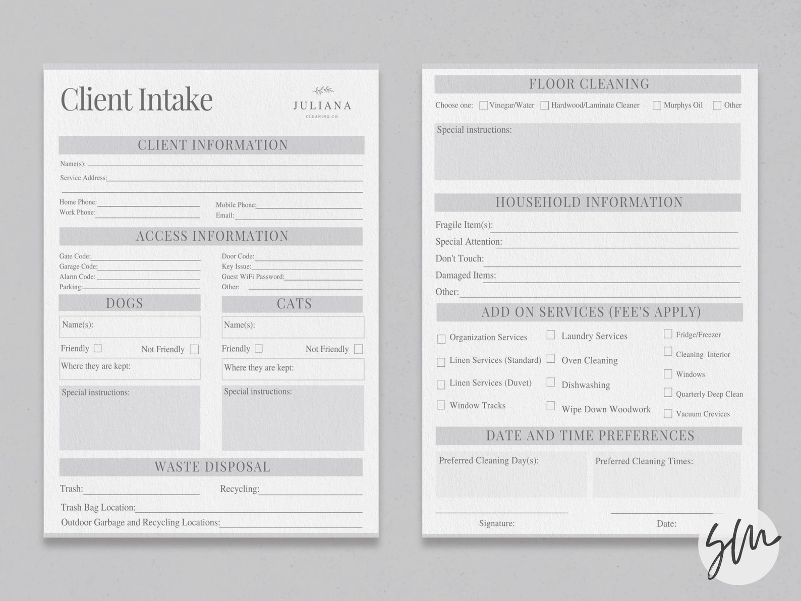 Professional Residential Cleaning, Editable Client Intake Form ...