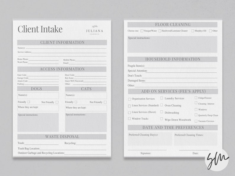 Professional Residential Cleaning, Editable Client Intake Form ...