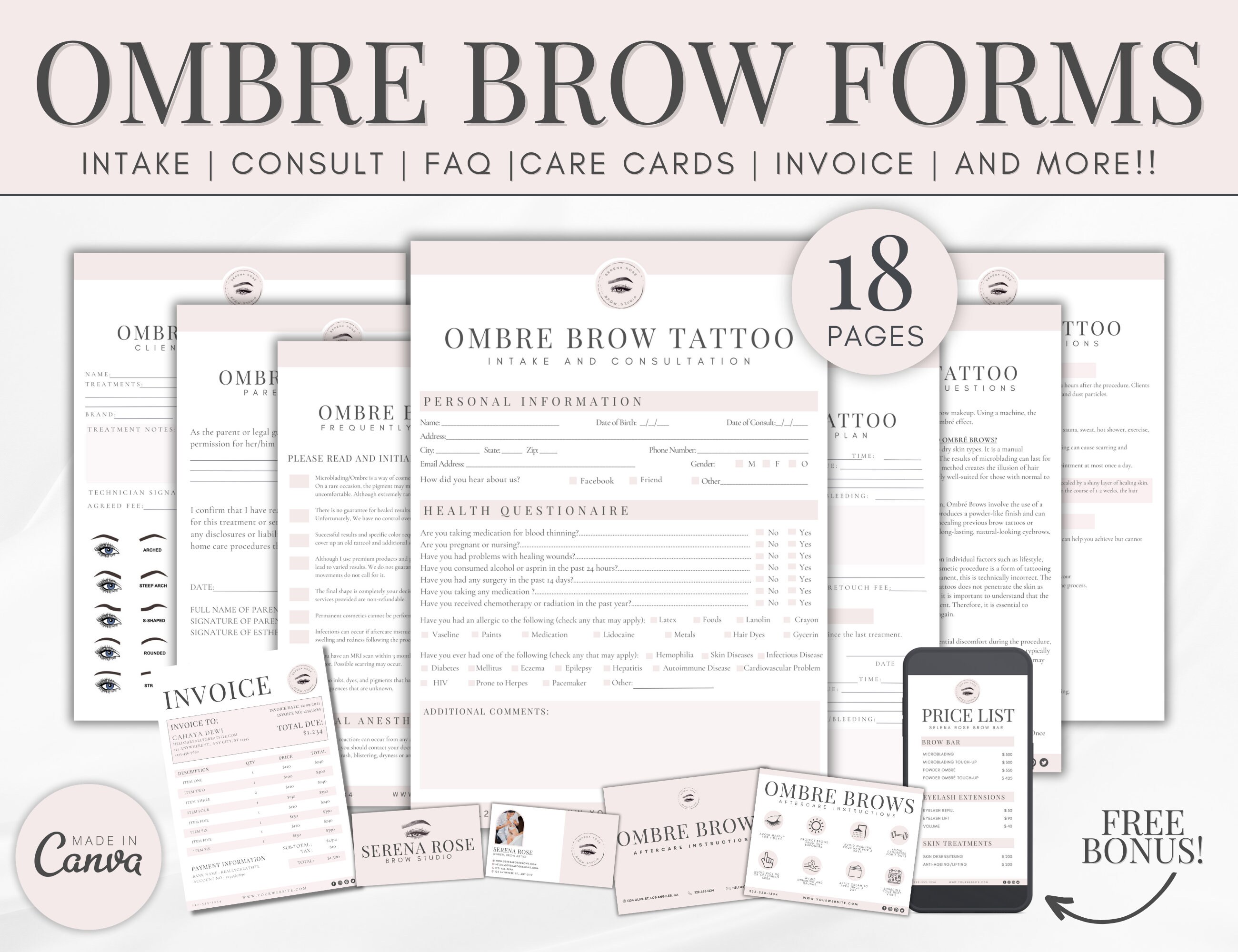 Ombre Brow Form Bundle | PMU Forms | PMU Client Record | PMU Aftercare ...