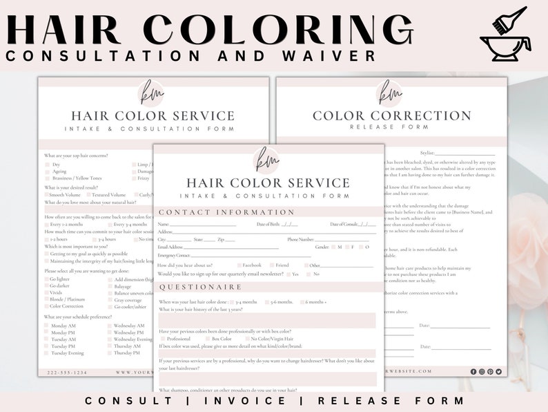 Hair Color Service Waiver, Hairstylist Consultation Form, Color ...
