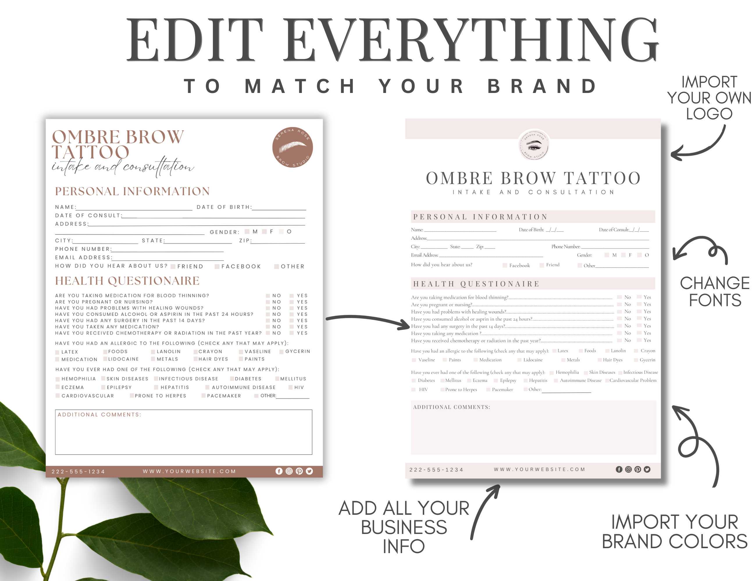 Ombre Brow Intake Form Bundle PMU Forms PMU Client Record PMU Aftercare ...