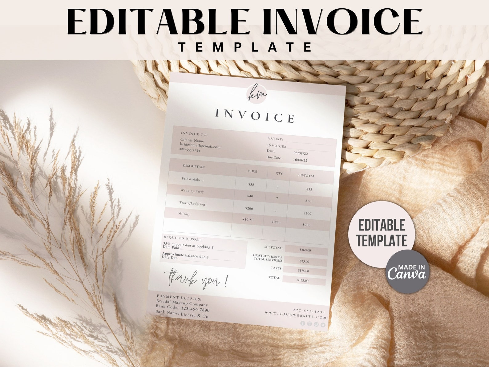 Editable Invoice Template, Makeup Artist Invoice Template, Modern ...