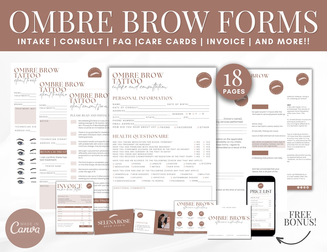Ombre Brow Form Bundle | PMU Forms | PMU Client Record | PMU Aftercare ...