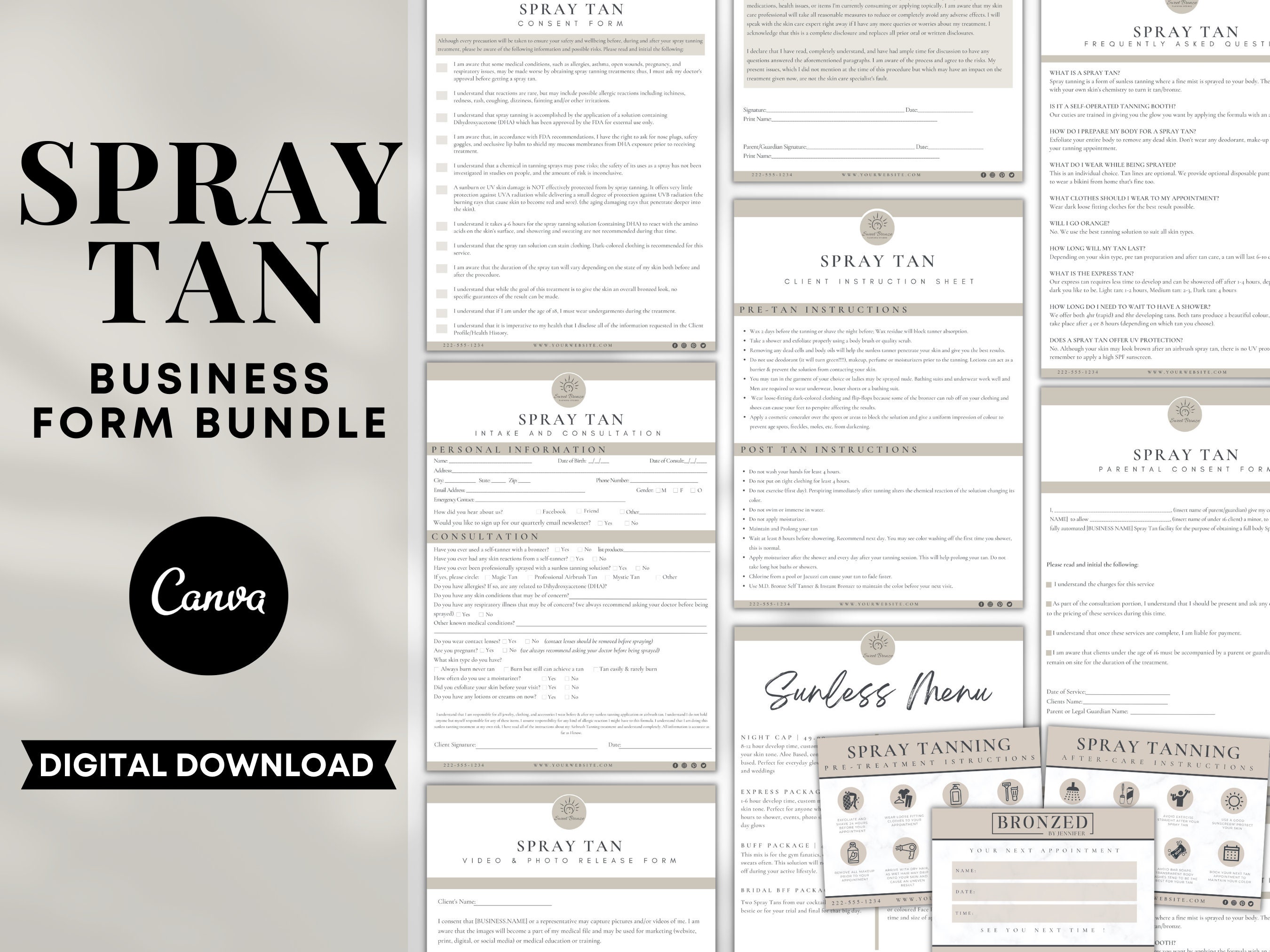 Spray Tan Form BUNDLE, Editable Spray Tan Templates, Consultation Forms ...