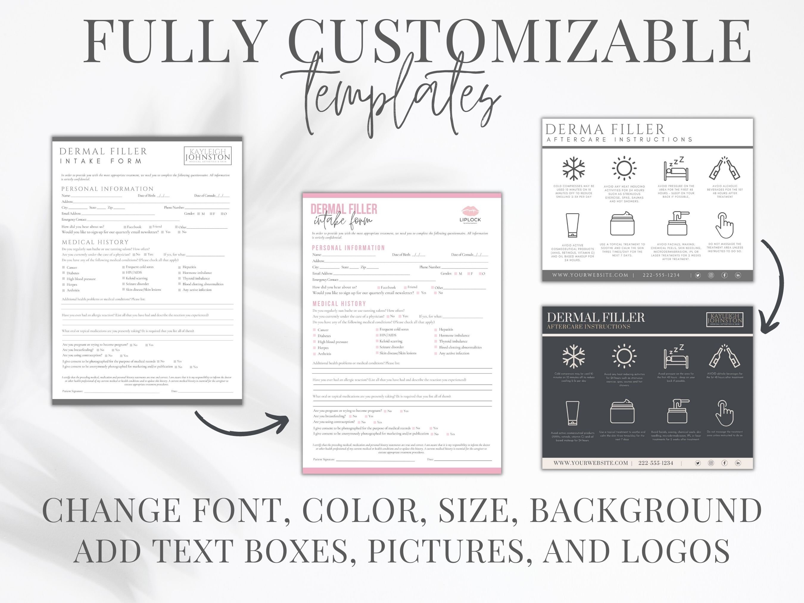 EDITABLE Dermal Filler Forms, Nurse Injector Template, Policy, Photo ...