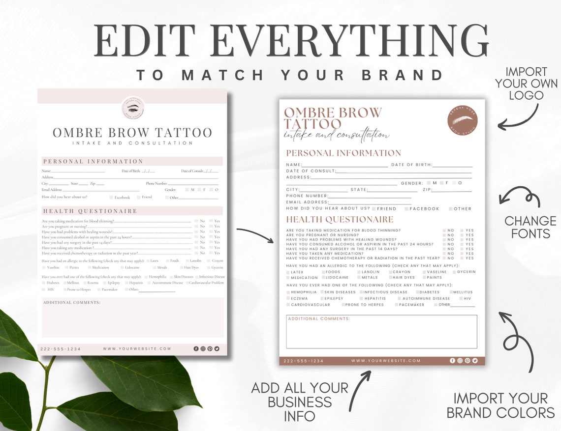 Ombre Brow Intake Form Bundle PMU Forms PMU Client Record PMU Aftercare ...