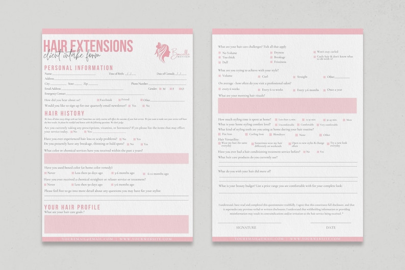 Hair Extension Intake Forms, Hair Extensions After Care Card, Hair ...