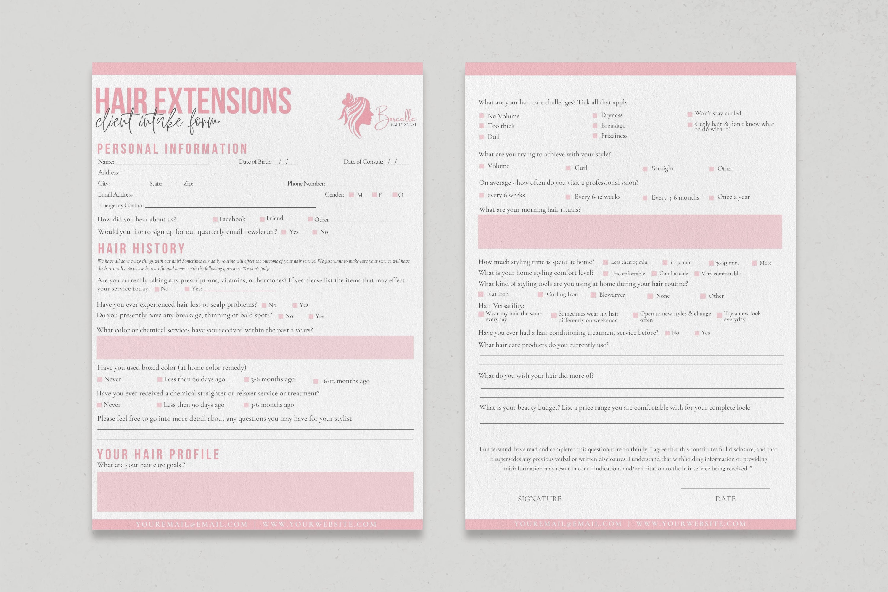 Hair Extension Intake Forms, Hair Extensions After Care Card, Hair ...