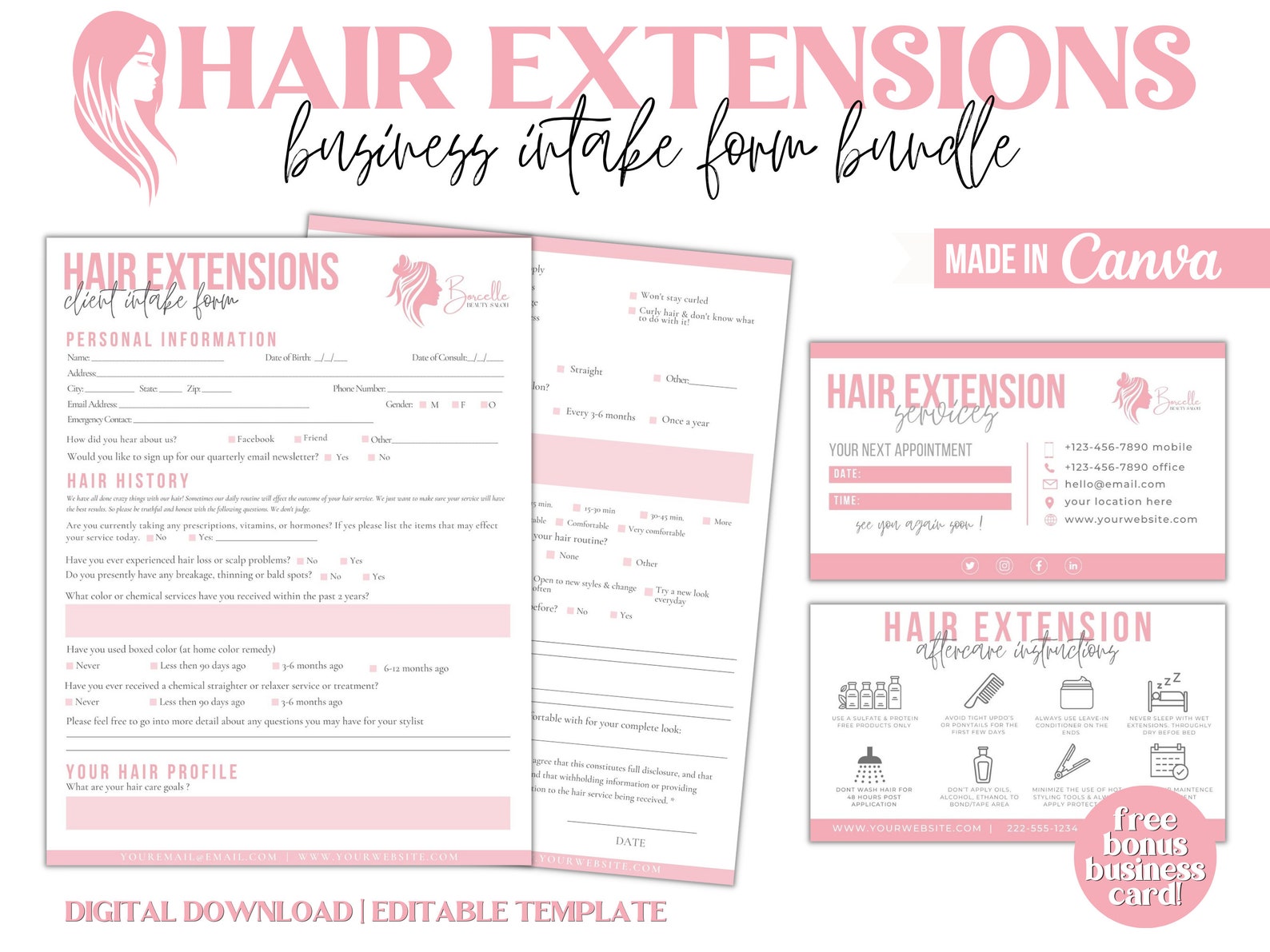 Hair Extension Intake Forms, Hair Extensions After Care Card, Hair ...