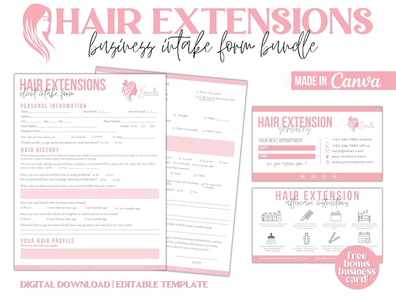 Hair Extension Intake Forms, Hair Extensions After Care Card, Hair ...