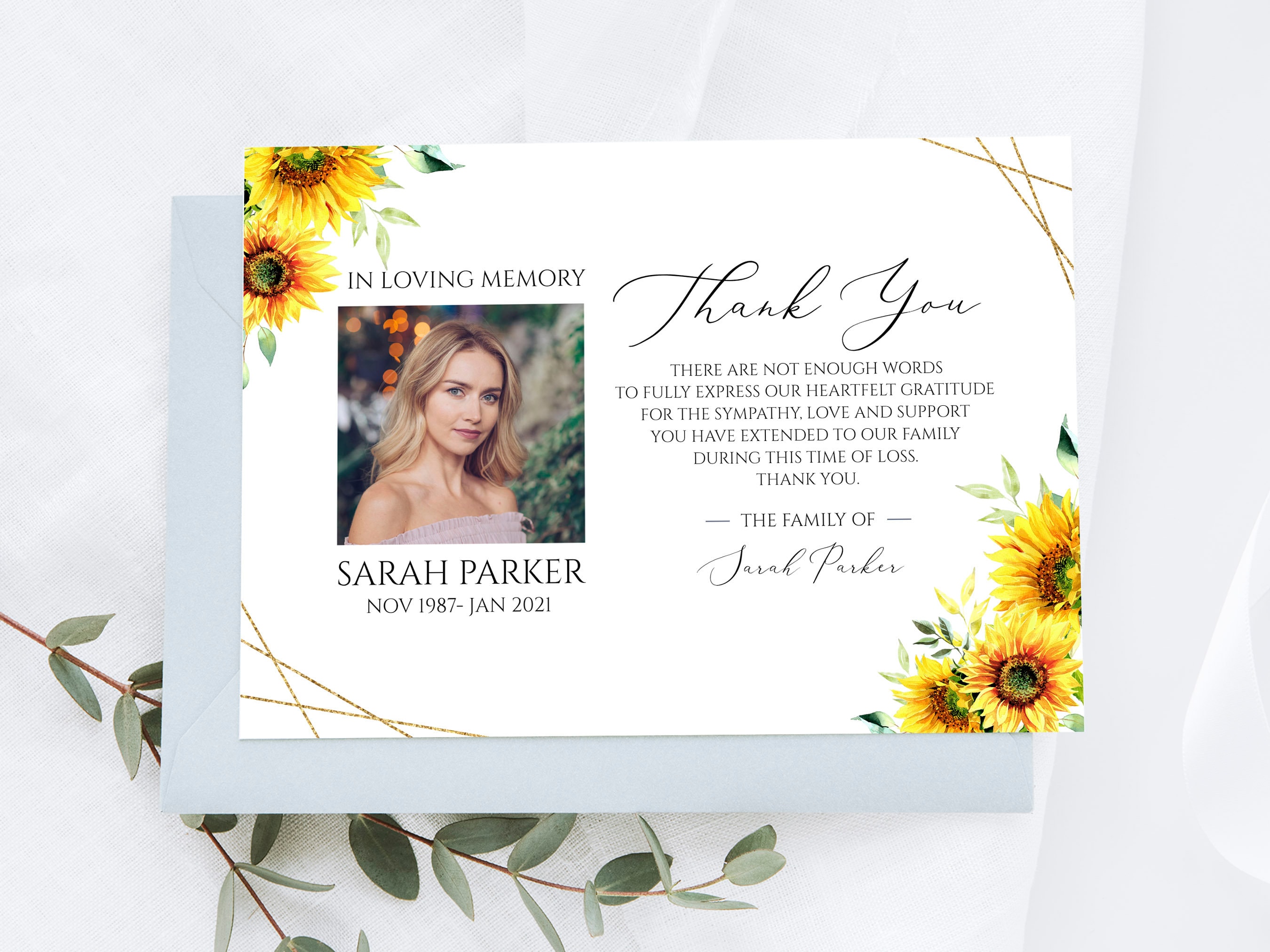 Sunflower Funeral Thank You Card Celebration of Life - Etsy