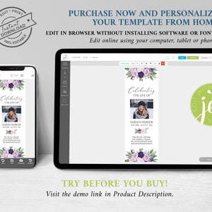 Purple Rose Funeral Bookmark Template, Celebration of Life Bookmark ...