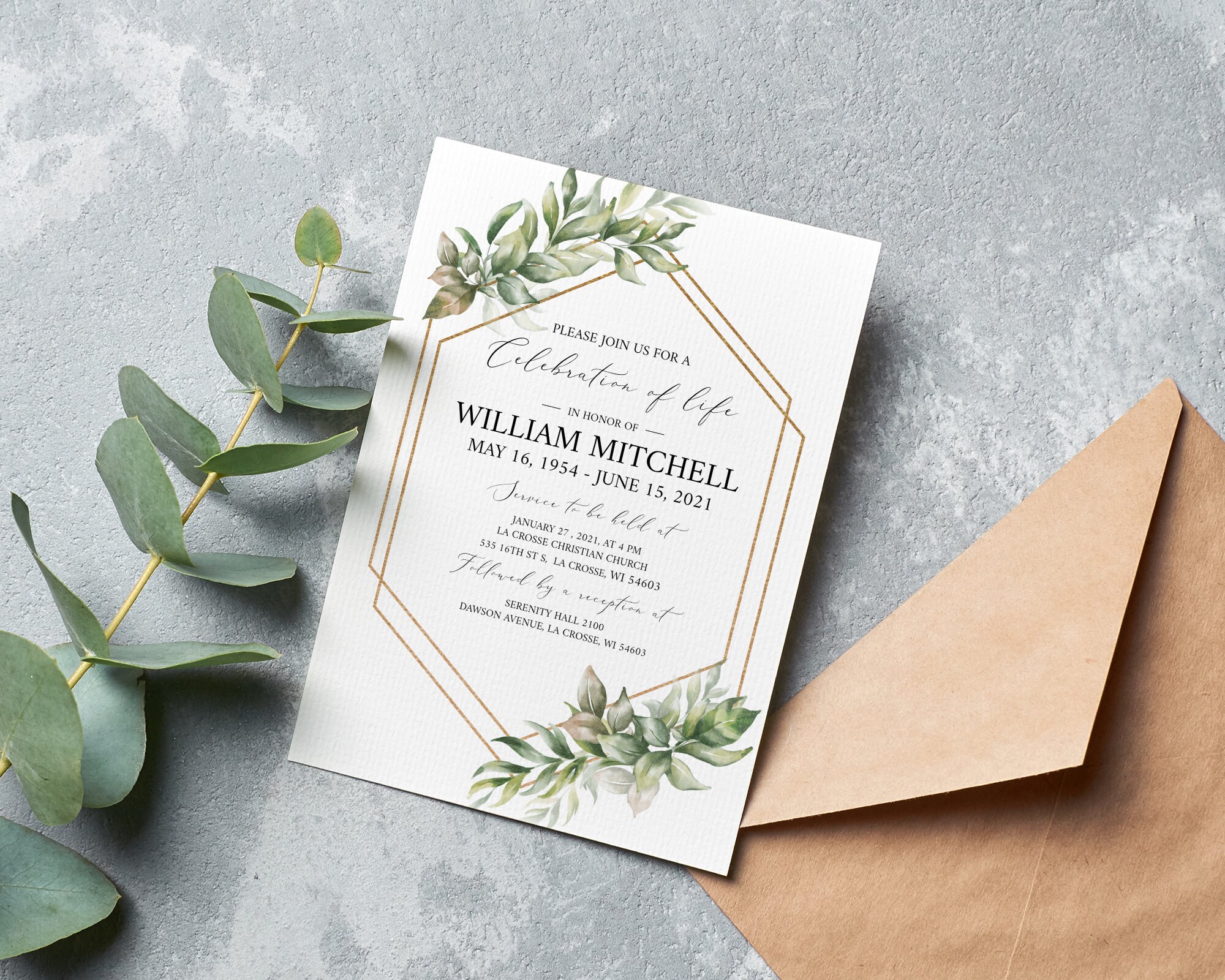 Greenery Funeral Invitation, Funeral Announcement, Celebration of Life ...