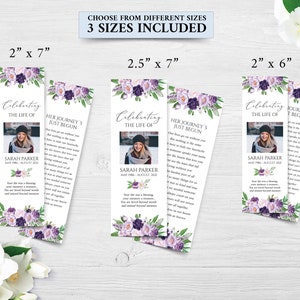 Purple Rose Funeral Bookmark Template, Celebration of Life Bookmark ...