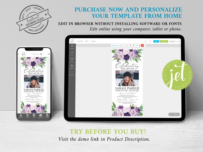 Digital Funeral Invitation, Electronic Funeral Announcement,purple Rose ...