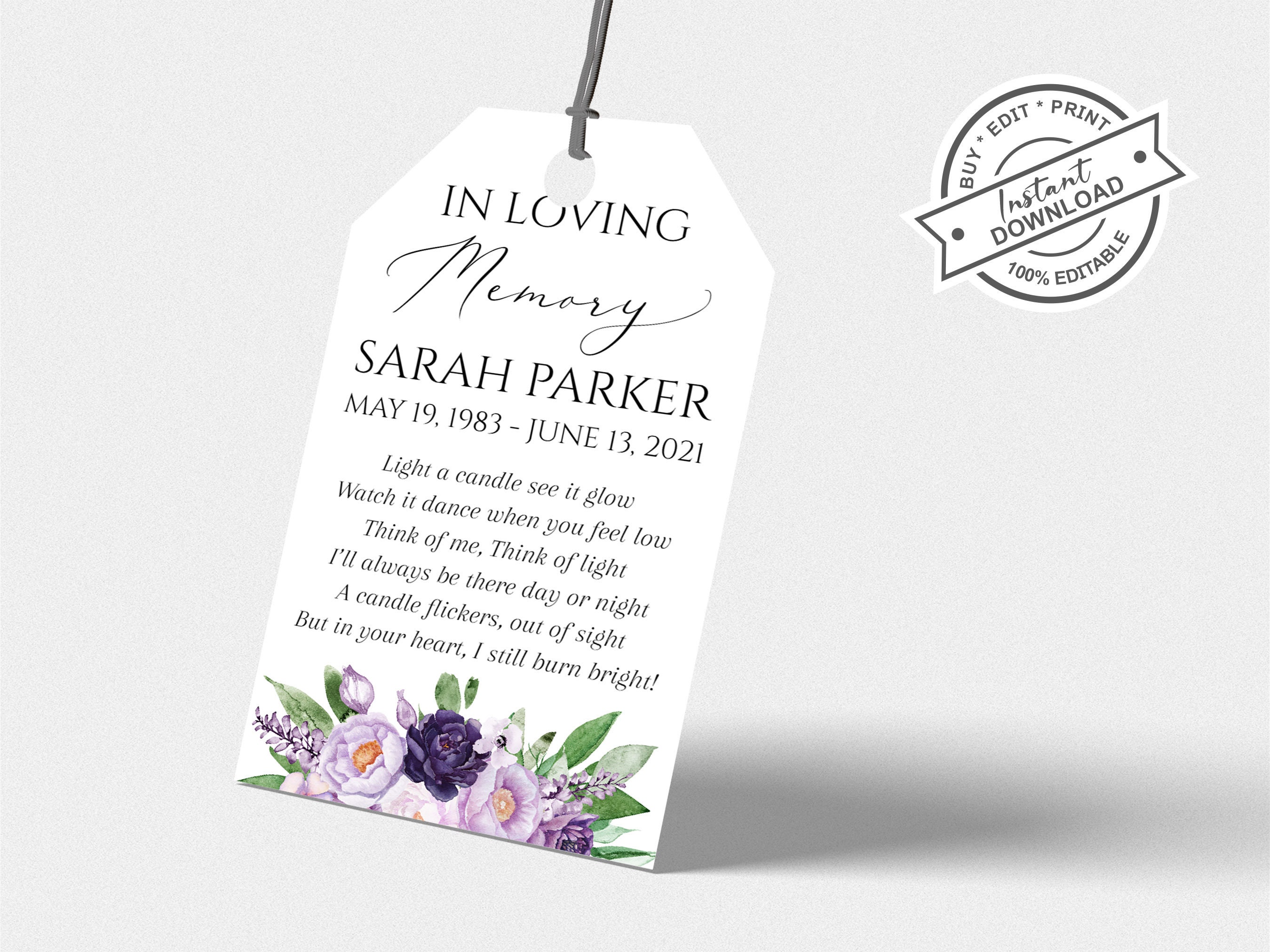 Celebration of Life Funeral Favor Tag Template, Memorial Candle Favor ...