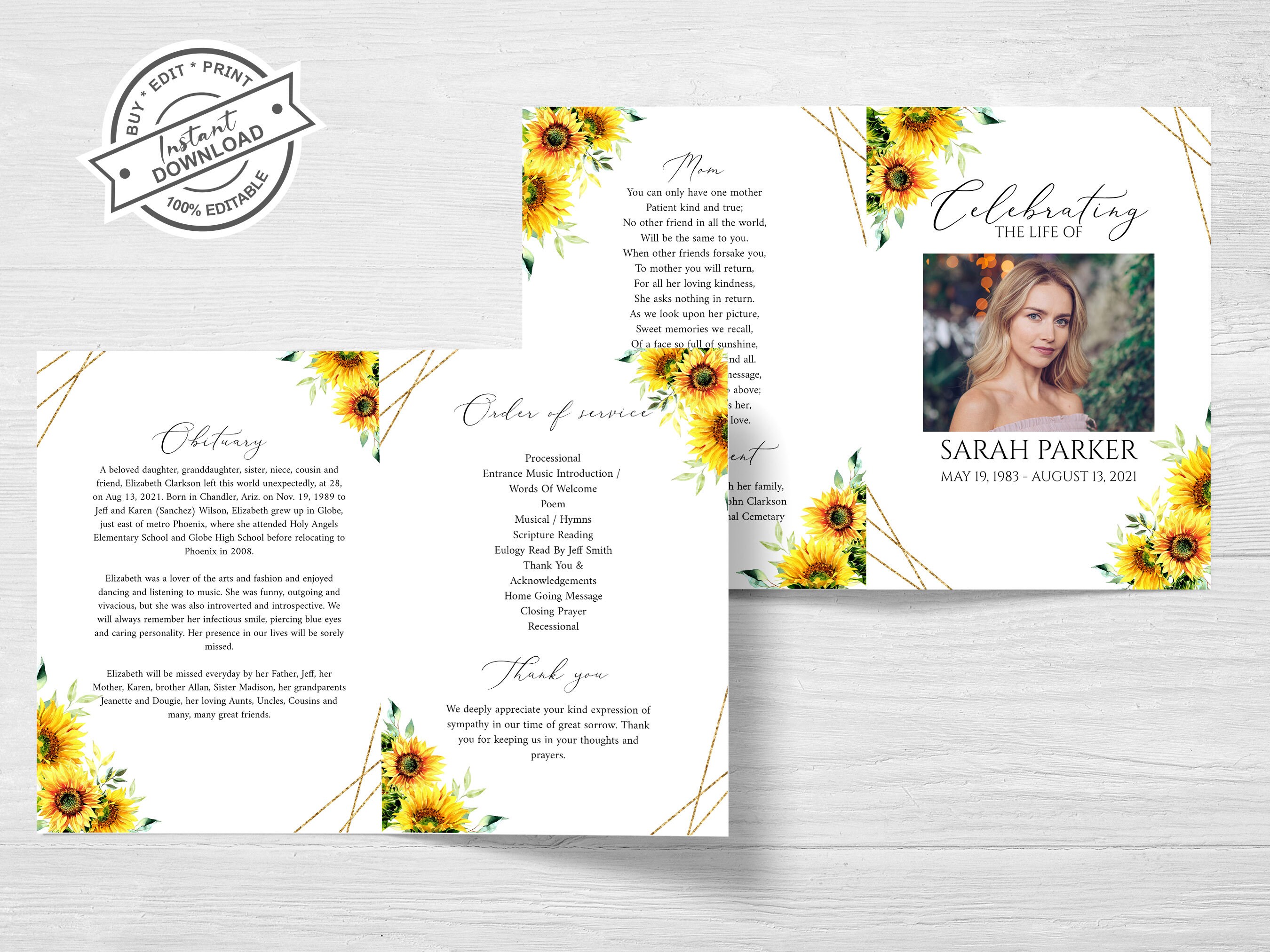 Celebration of Life Funeral Program, Sunflower Funeral Program Template ...