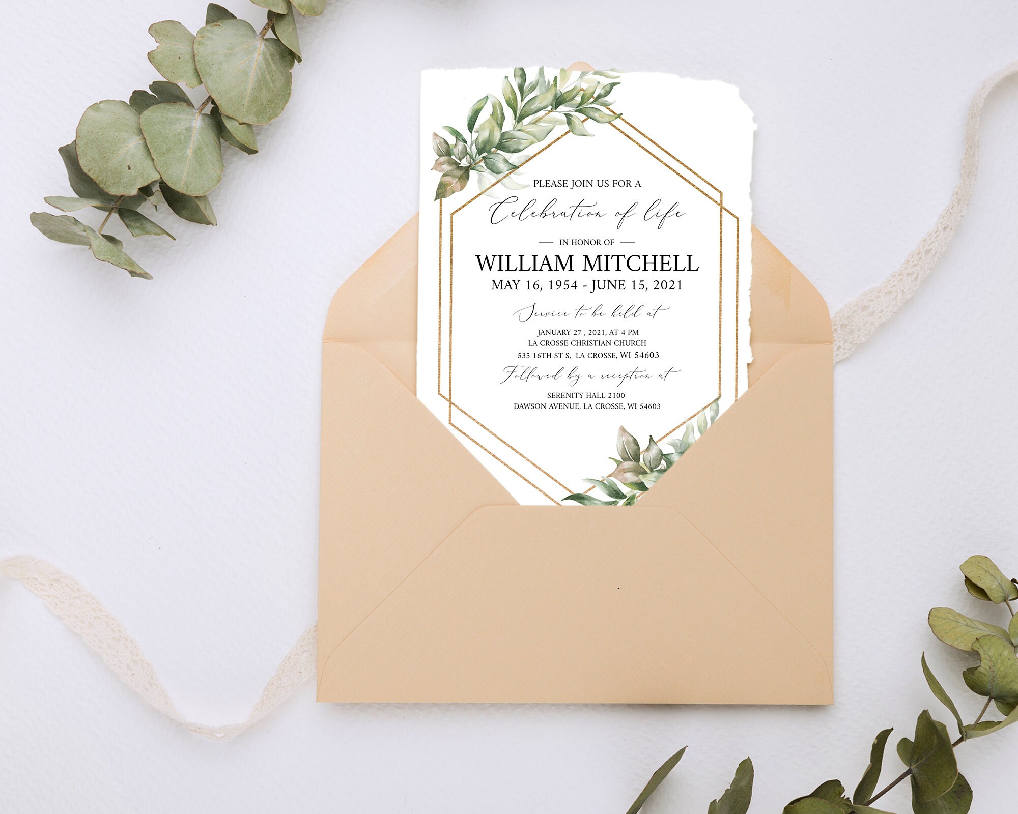 Greenery Funeral Invitation, Funeral Announcement, Celebration of Life ...