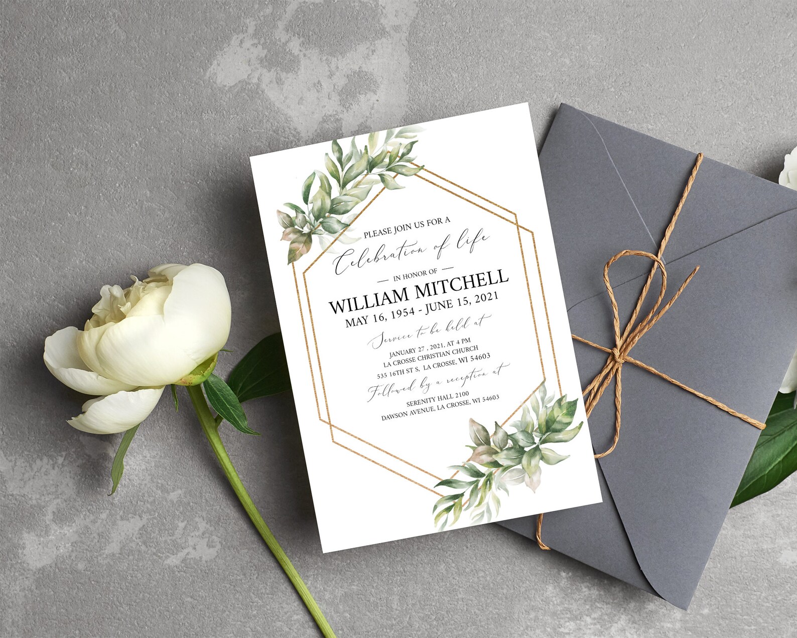 Greenery Funeral Invitation, Funeral Announcement, Celebration of Life ...
