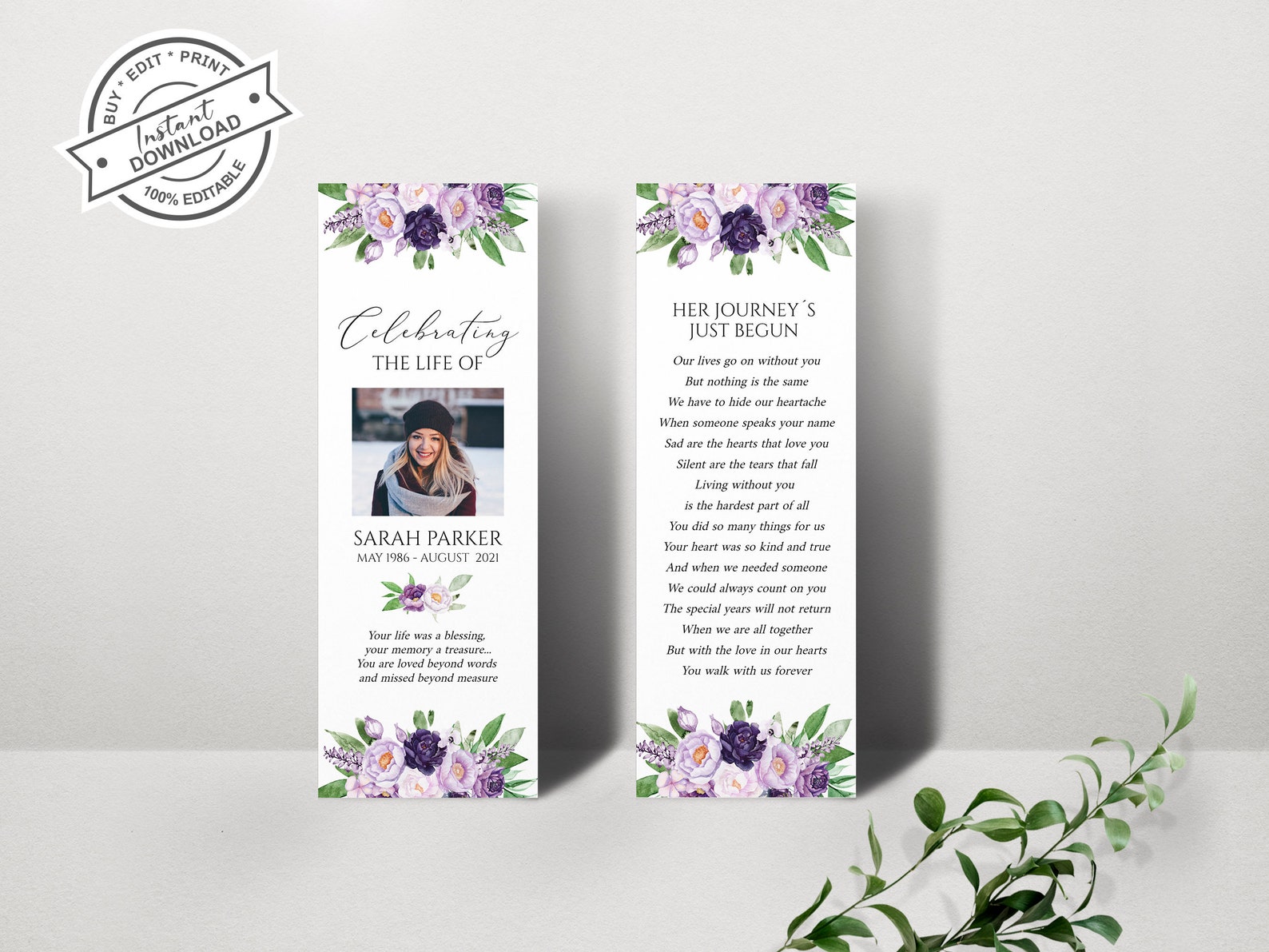 Purple Rose Funeral Bookmark Template, Celebration of Life Bookmark ...