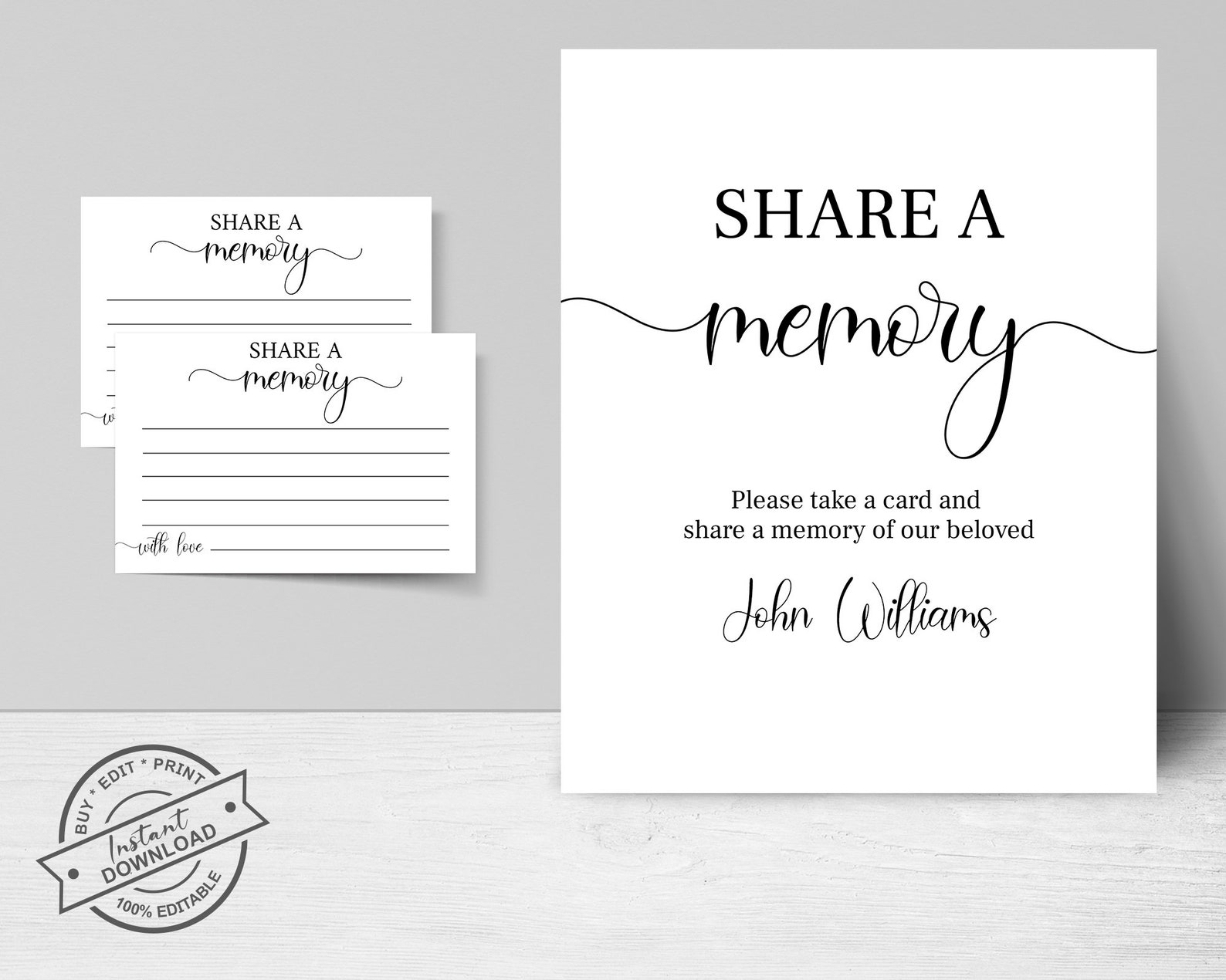 Editable Share a Memory Funeral Sign and Card Template – Simple Black ...