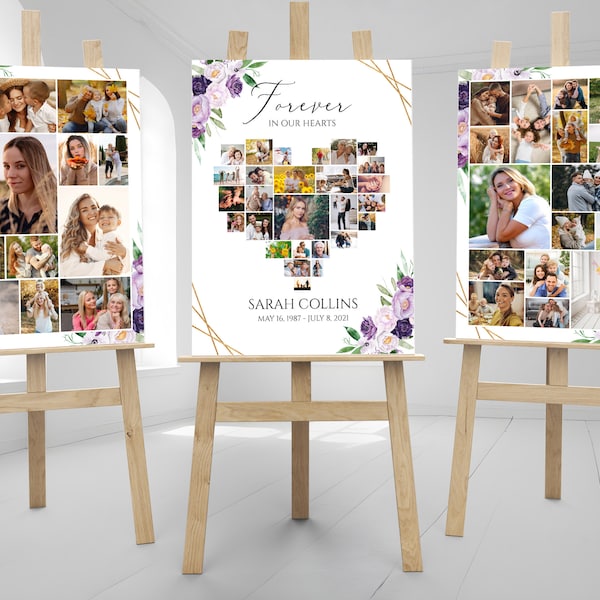 Funeral Photo Collage Sign Set Templates,purple Funeral Welcome Sign ...
