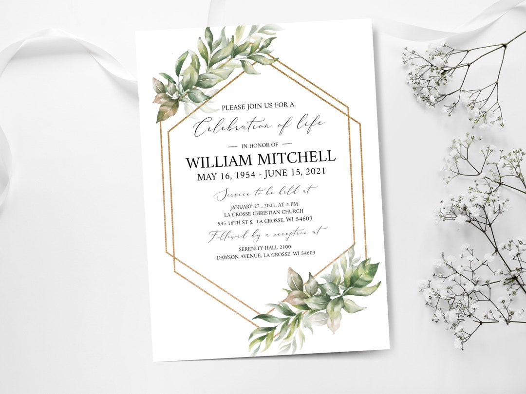 Greenery Funeral Invitation, Funeral Announcement, Celebration of Life ...