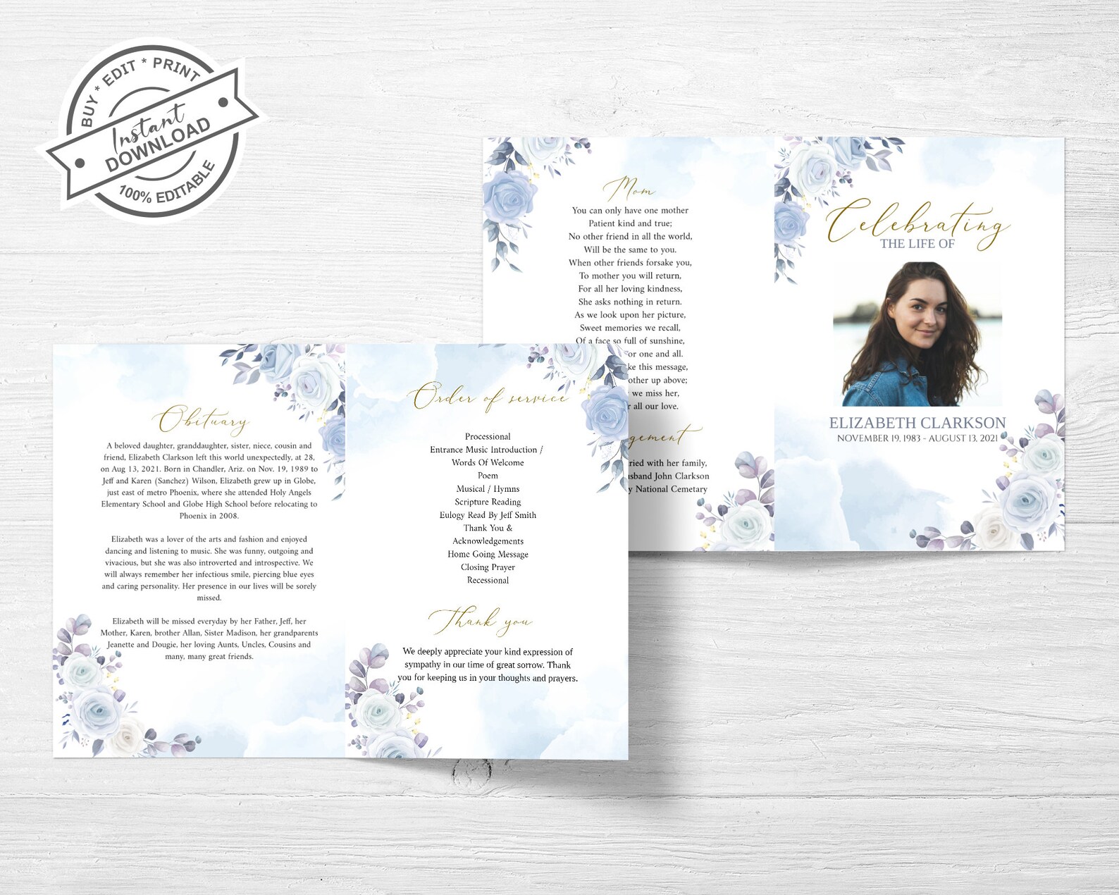 Celebration of Life Funeral Program, Blue Rose Program Template, Floral ...