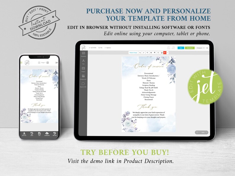 Blue Rose Funeral Program Template: Celebration of Life (digital ...