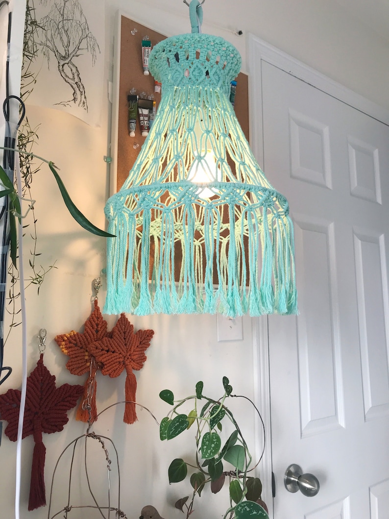 MADE TO ORDER Macrame Chandelier in Sky Blue Lamp Shade With - Etsy