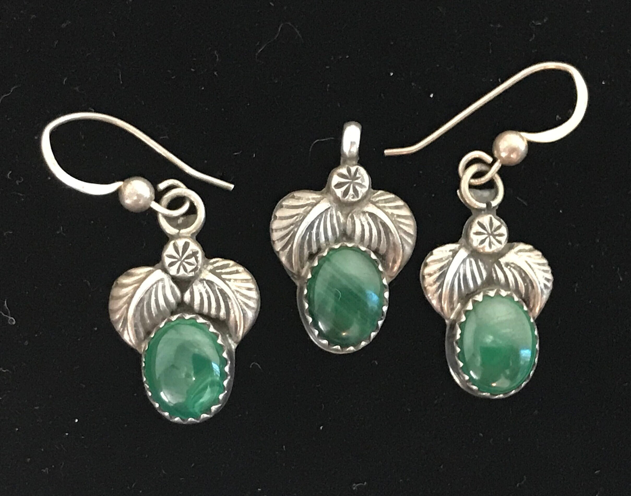 Milton Lasiloo Zuni Artist, Malachite & Sterling Earrings and Pendant ...