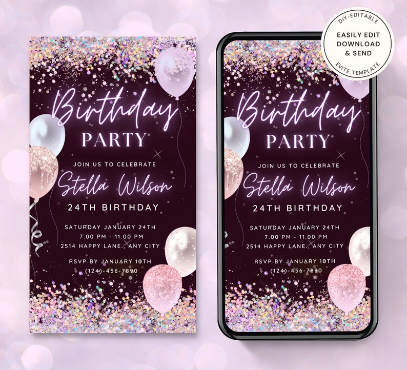 Purple Birthday Party Invitation Animated Birthday Party - Etsy