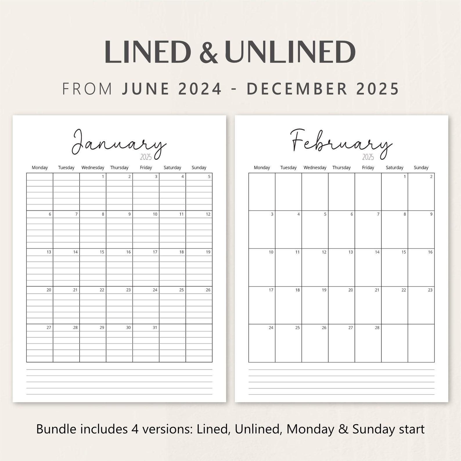2024 2025 Midyear Calendars PORTRAIT Lined & Blank Monthly Academic ...